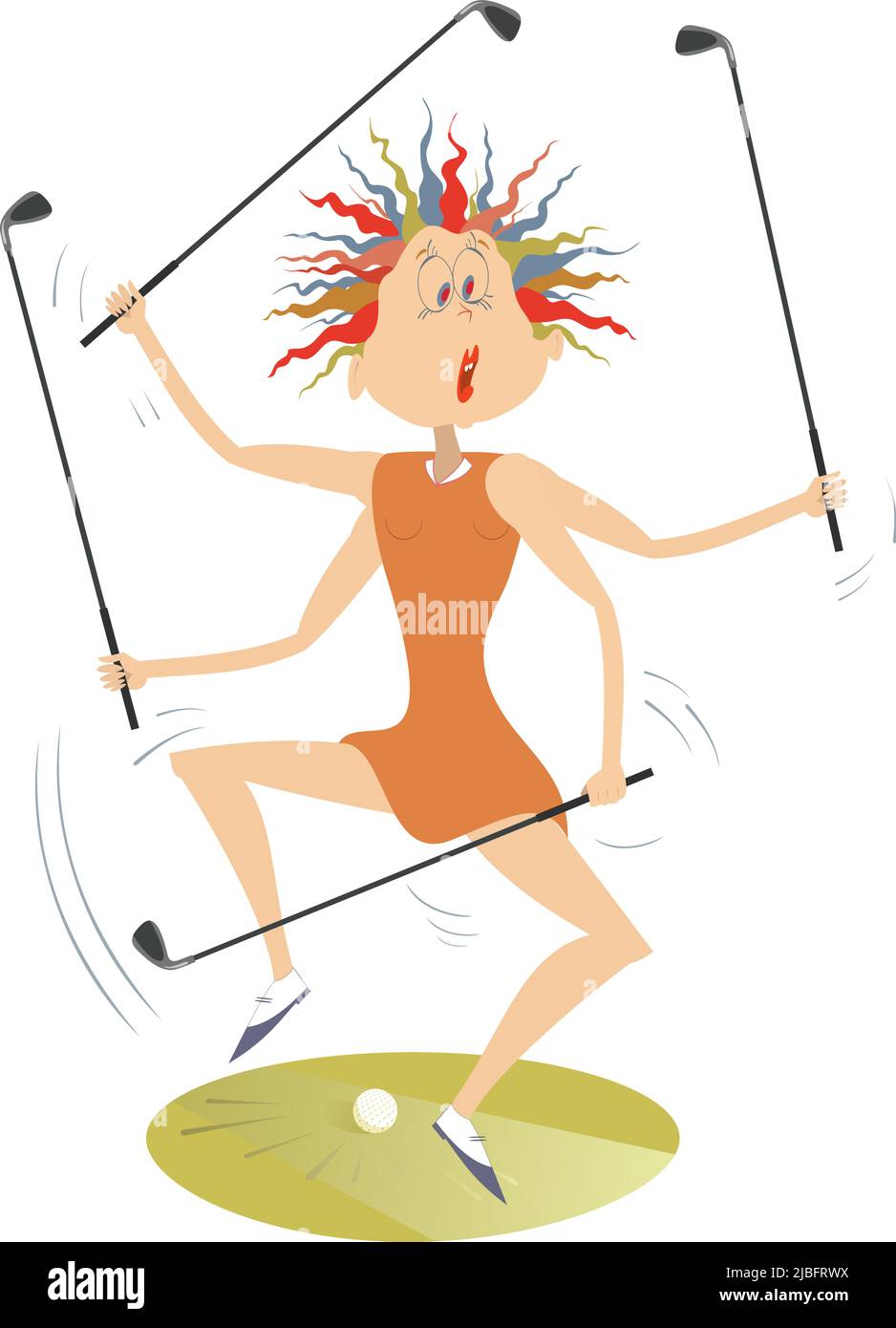 Super golfer woman is playing golf by many clubs illustration. Funny ...