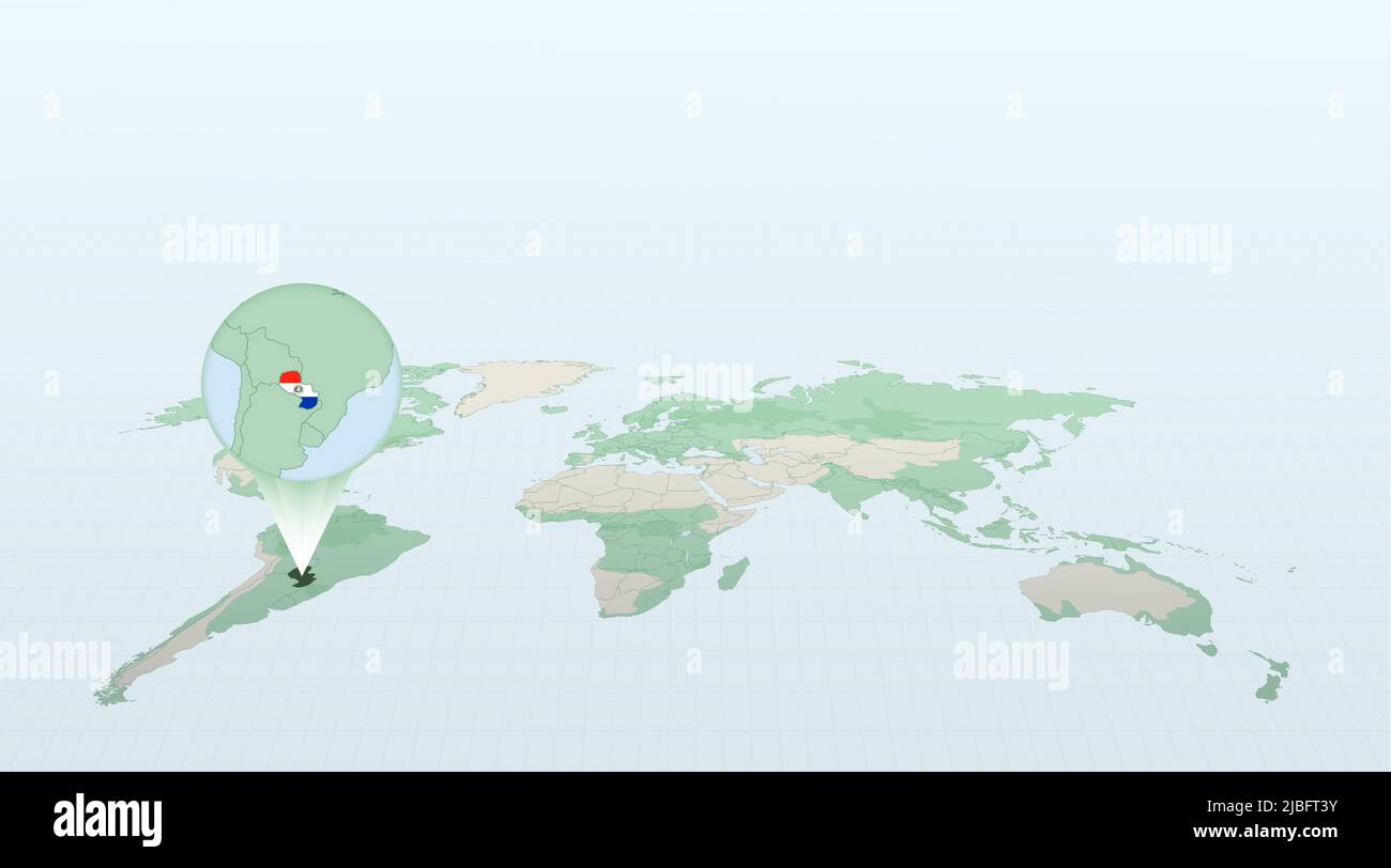 World map in perspective showing the location of the country Paraguay ...