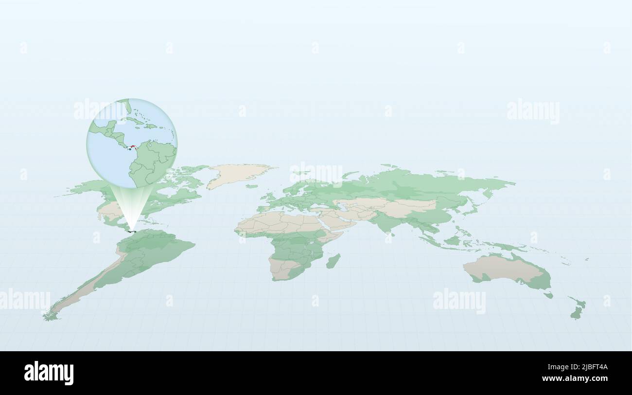 World map in perspective showing the location of the country Panama ...
