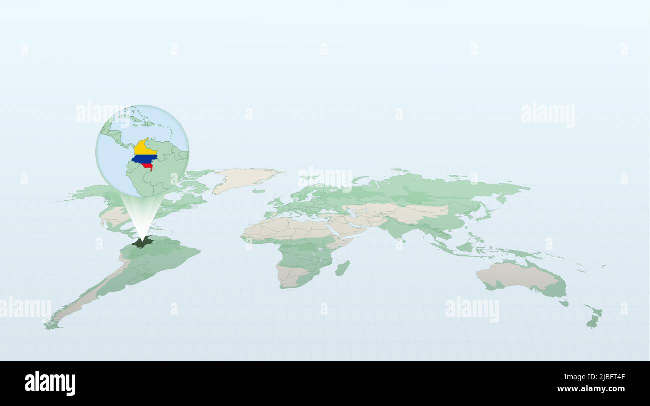 World map in perspective showing the location of the country Colombia ...