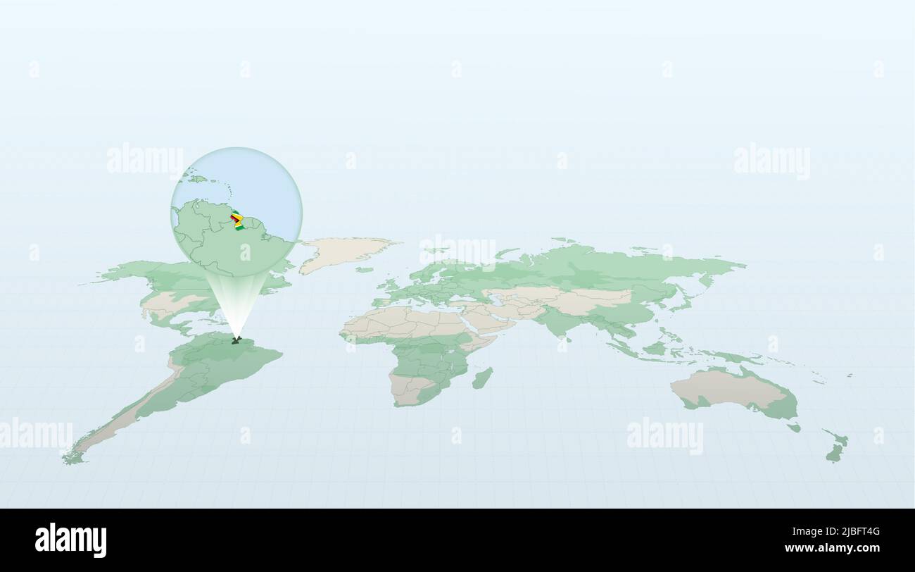 World map in perspective showing the location of the country Guyana ...