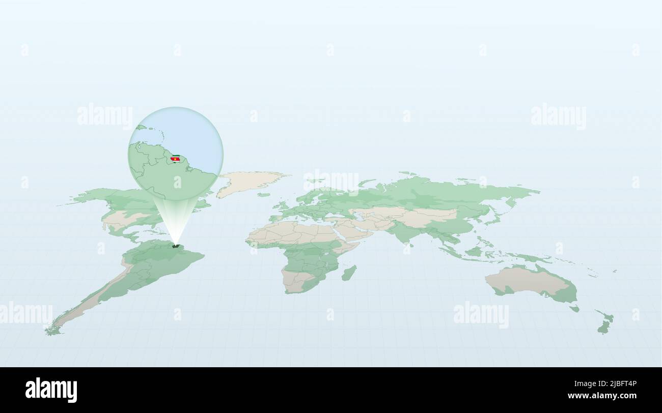 World map in perspective showing the location of the country Suriname ...