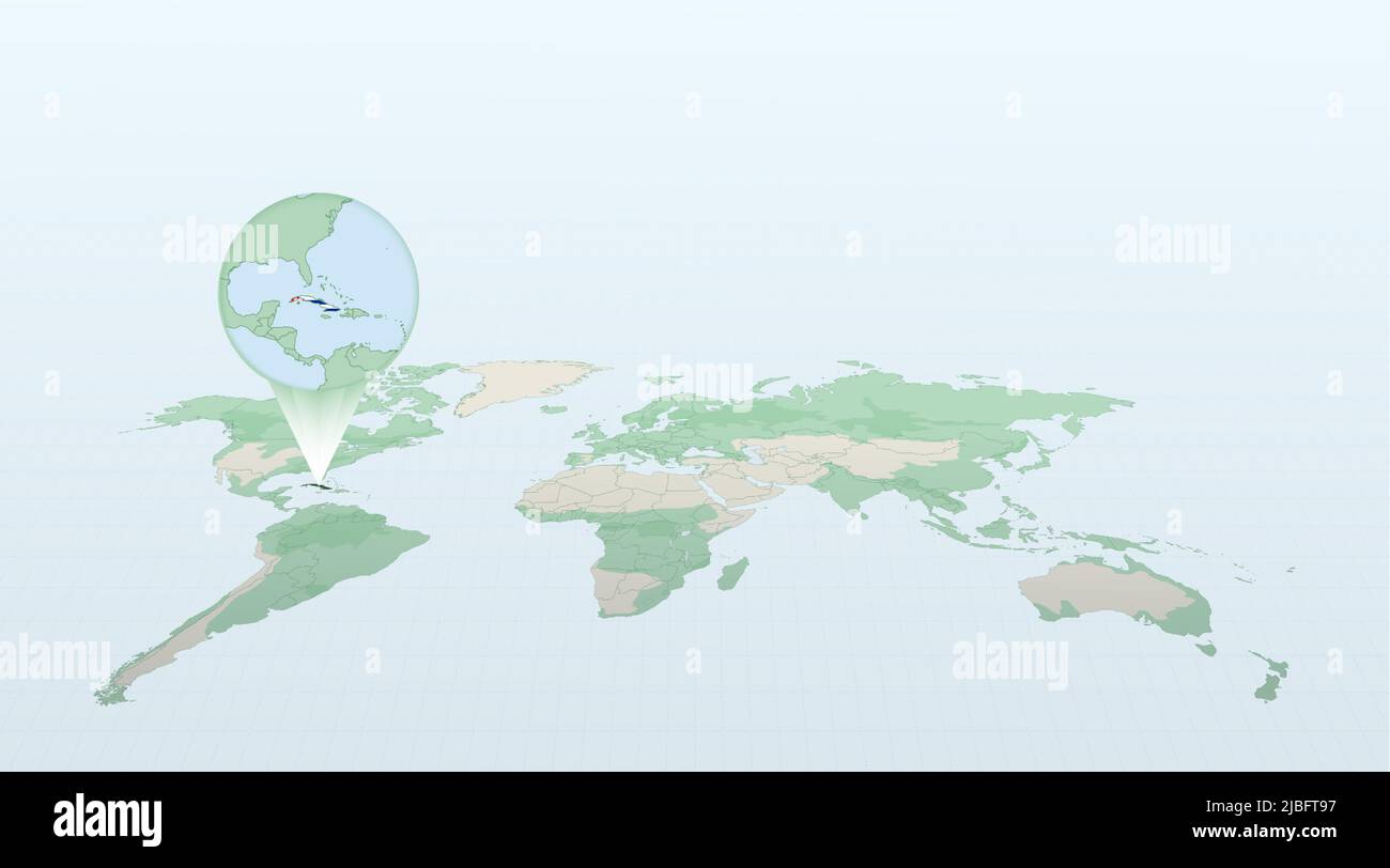 World map in perspective showing the location of the country Cuba with ...
