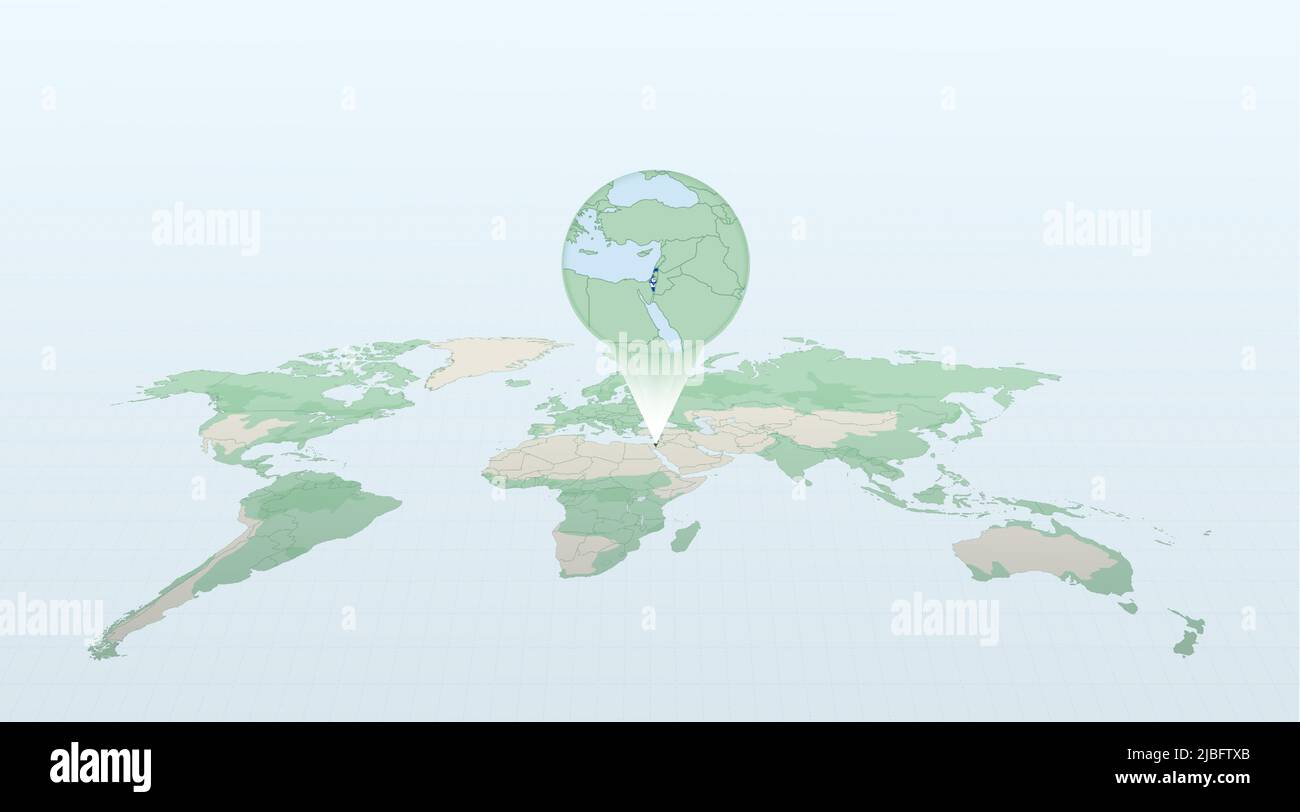 World map in perspective showing the location of the country Israel ...