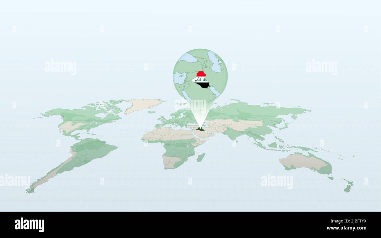 World map in perspective showing the location of the country Iraq with ...