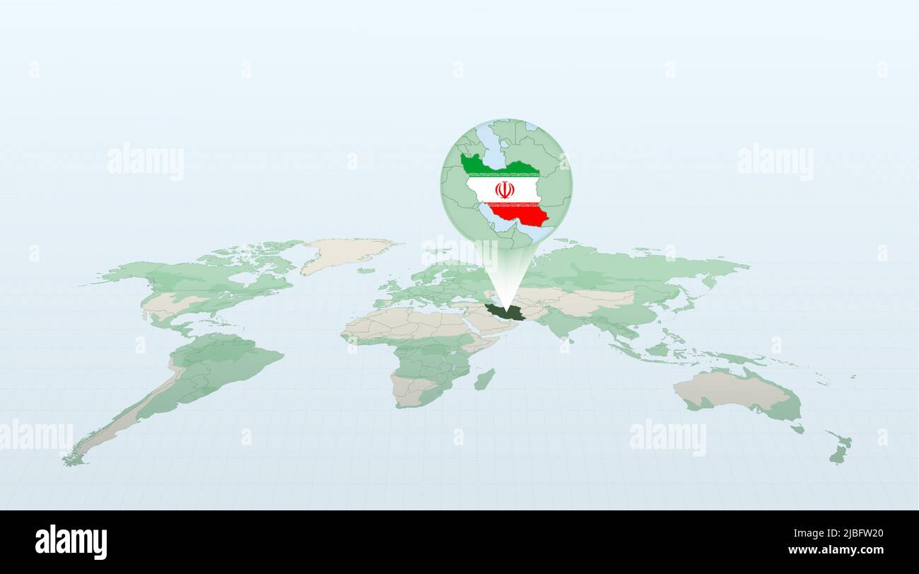 World map in perspective showing the location of the country Iran with ...