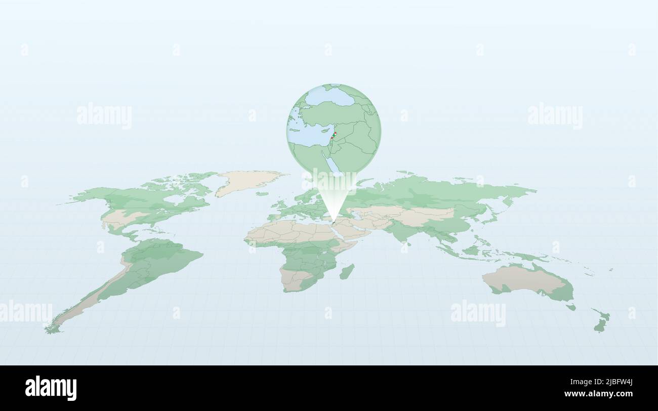 World map in perspective showing the location of the country Lebanon ...