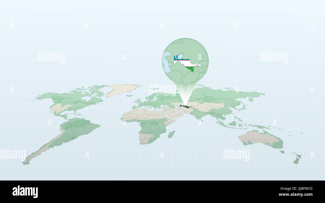 World map in perspective showing the location of the country Uzbekistan ...