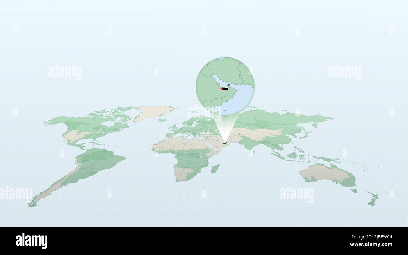 World map in perspective showing the location of the country United ...