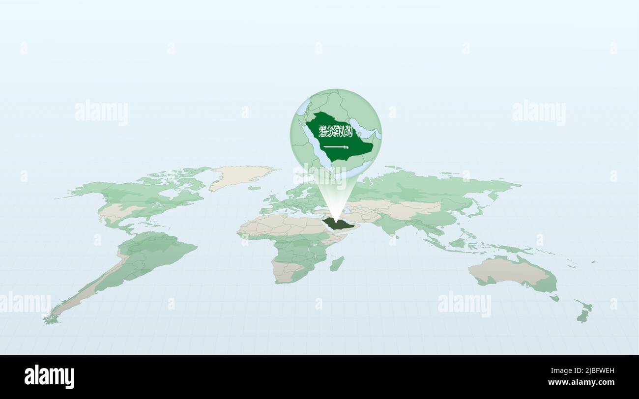 World map in perspective showing the location of the country Saudi ...