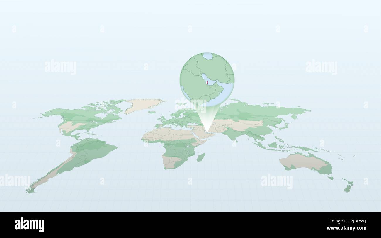 World map in perspective showing the location of the country Qatar with ...