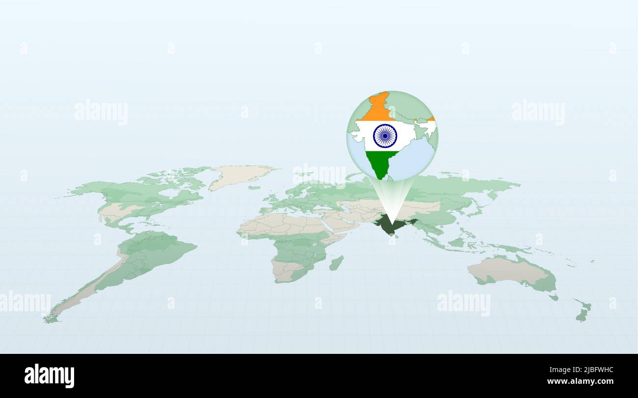 World map in perspective showing the location of the country India with ...