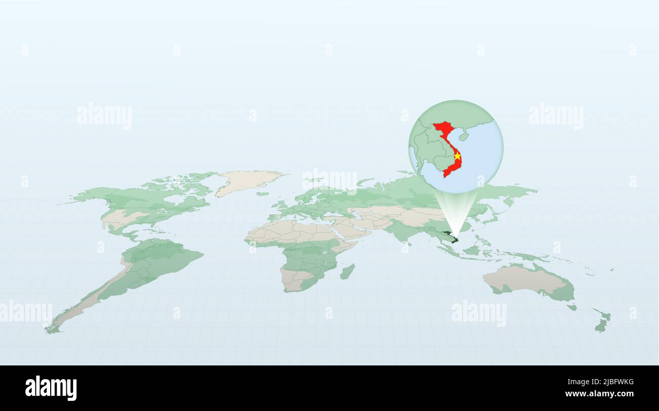 World map in perspective showing the location of the country Vietnam ...