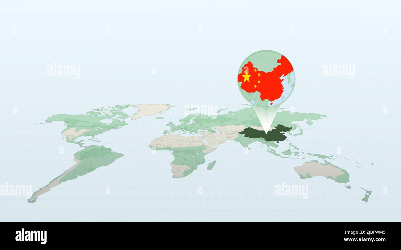 World map in perspective showing the location of the country China with ...