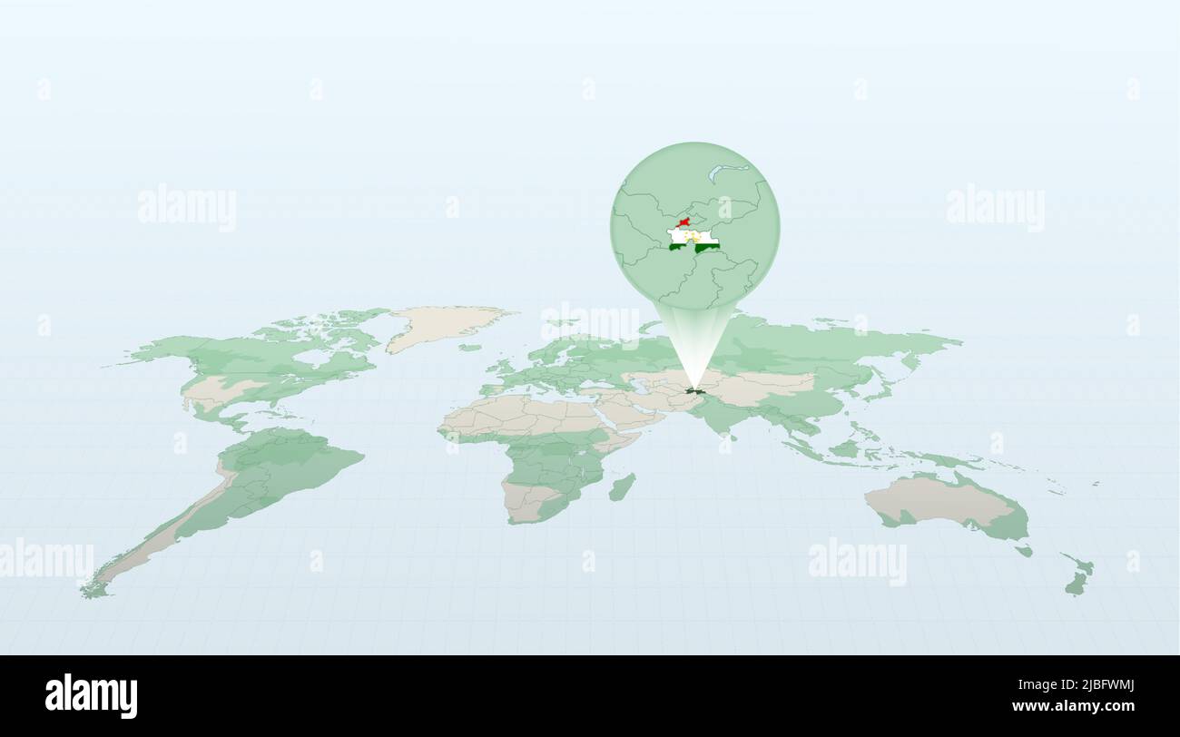World map in perspective showing the location of the country Tajikistan ...