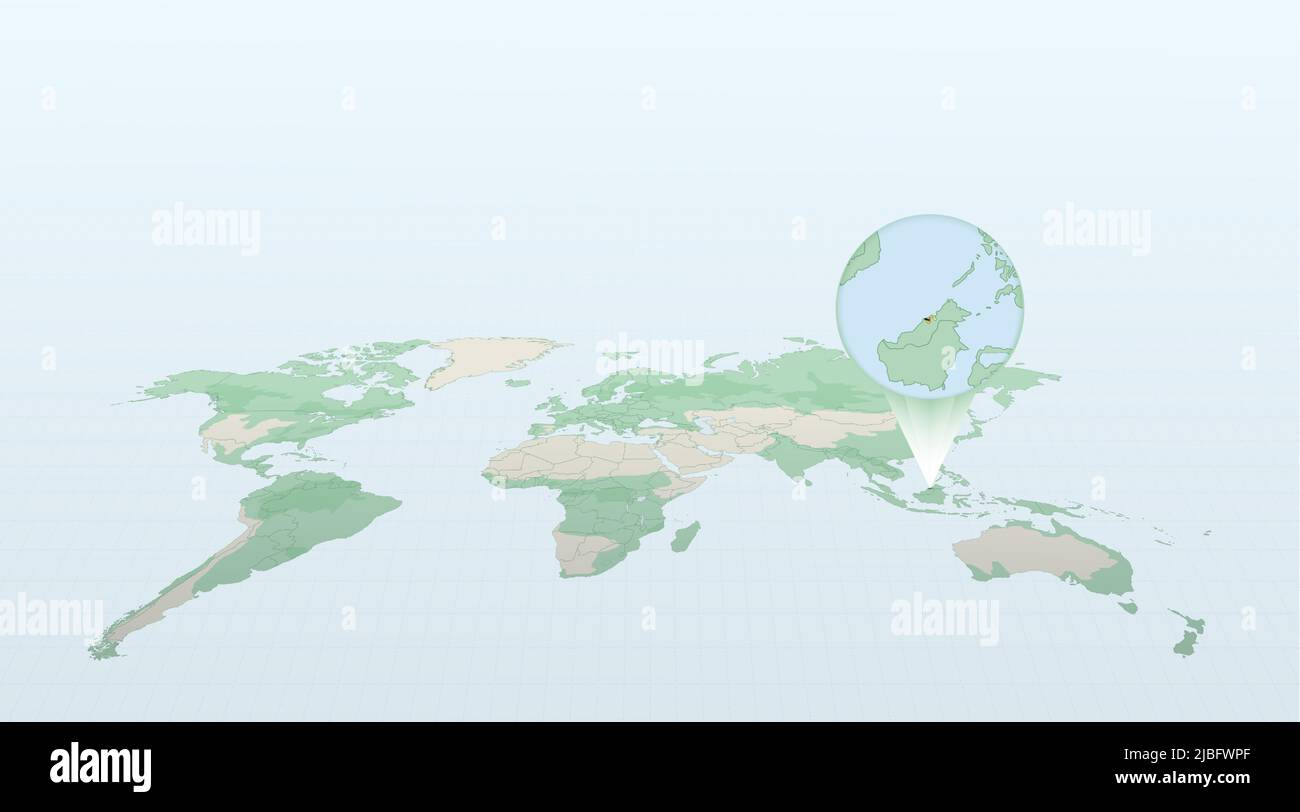 World map in perspective showing the location of the country Brunei ...