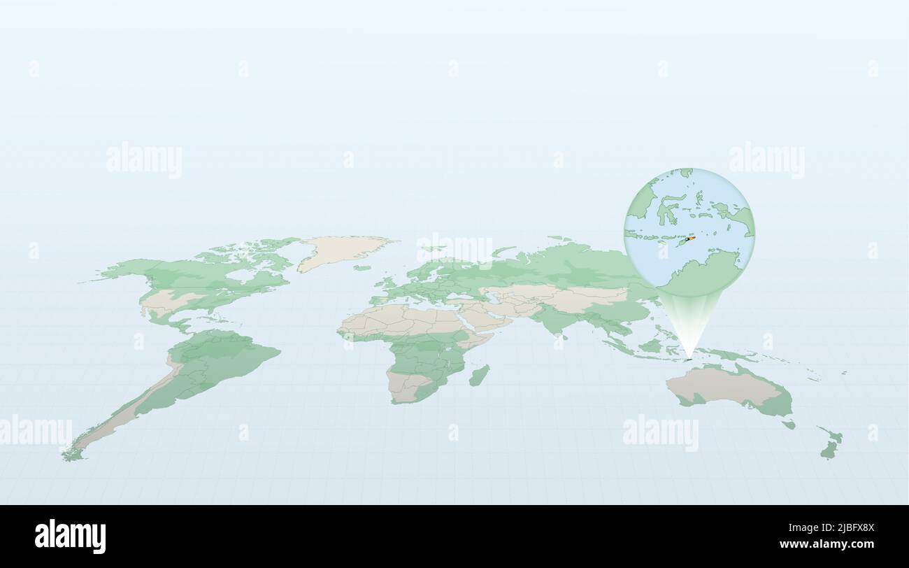 World map in perspective showing the location of the country East Timor ...
