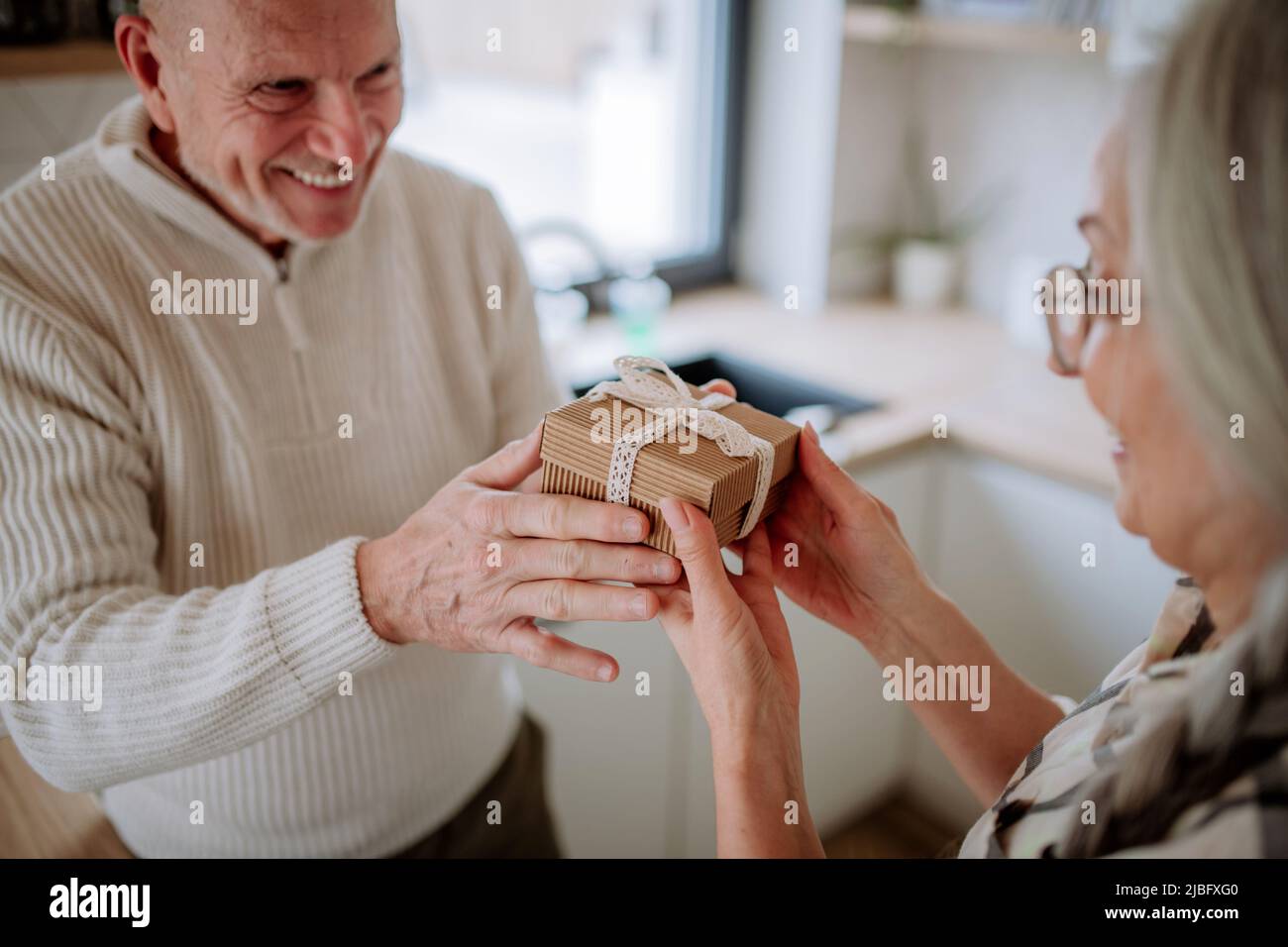 Happy senior woman getting present from her husband Stock Photo - Alamy