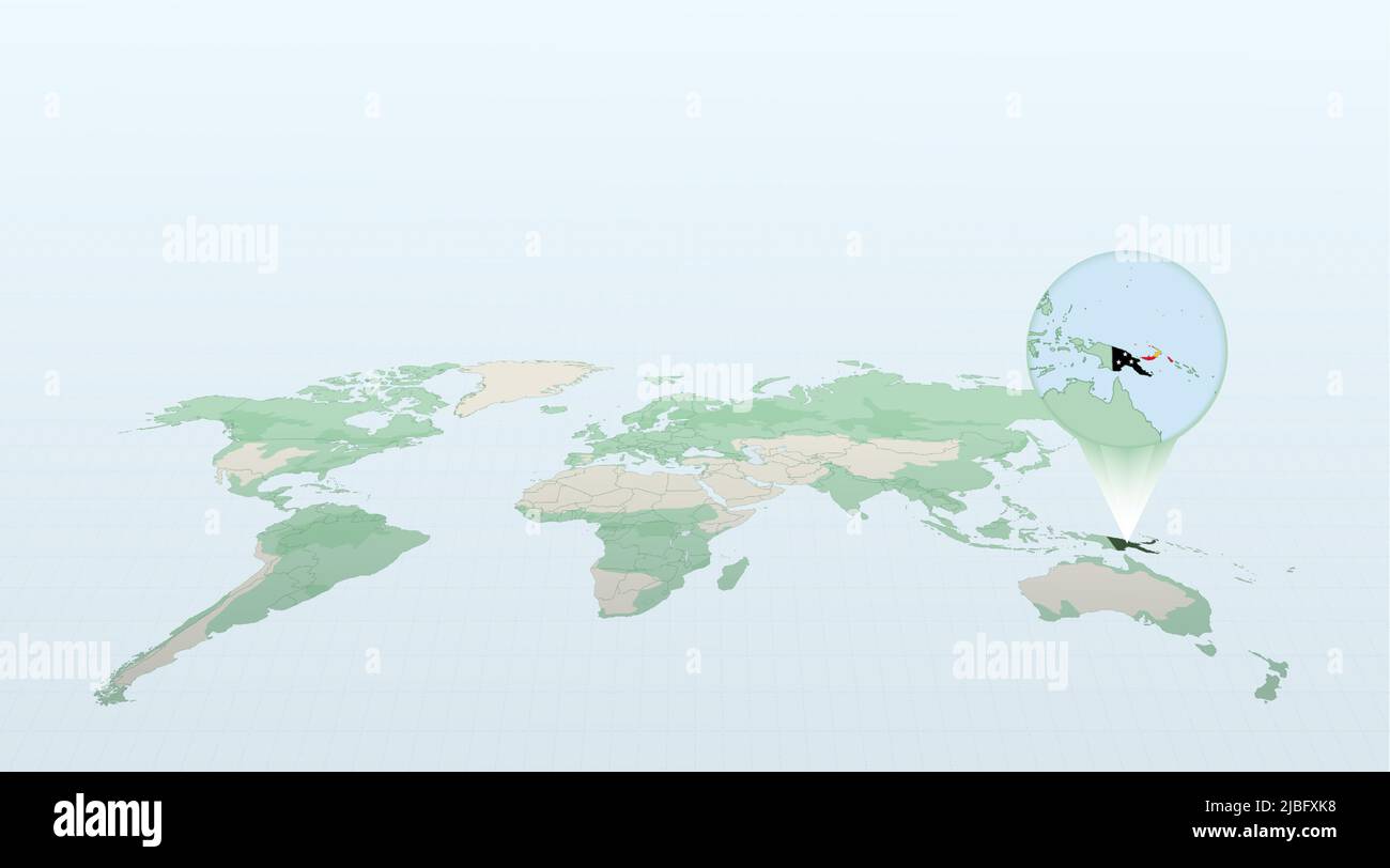 World map in perspective showing the location of the country Papua New ...