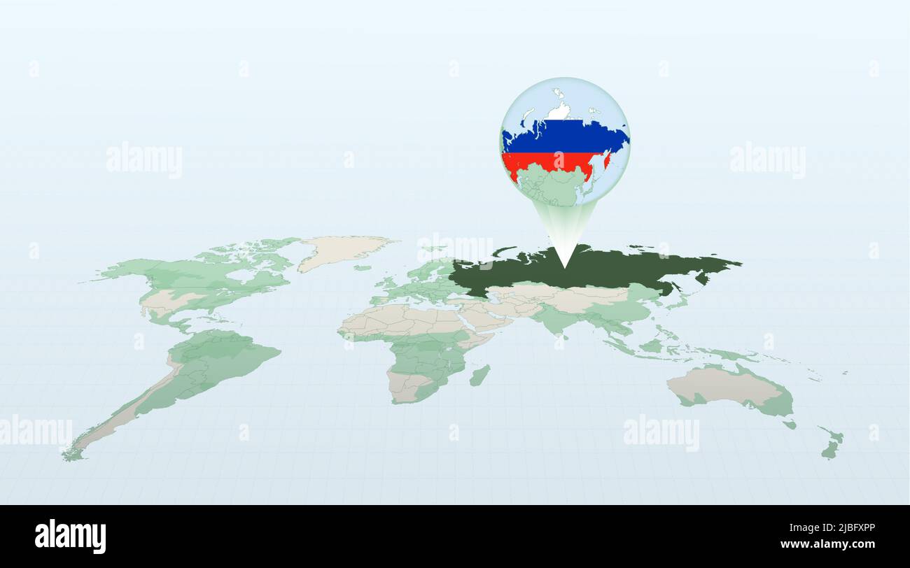 World map in perspective showing the location of the country Russia ...