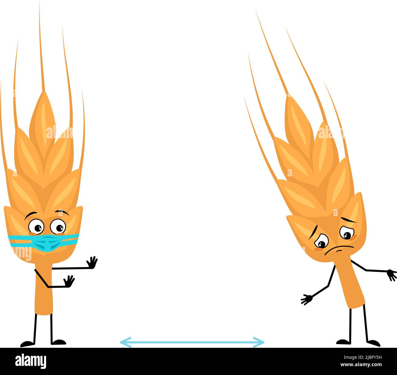 Cute ear of wheat character in medical mask keep distance, arms and ...