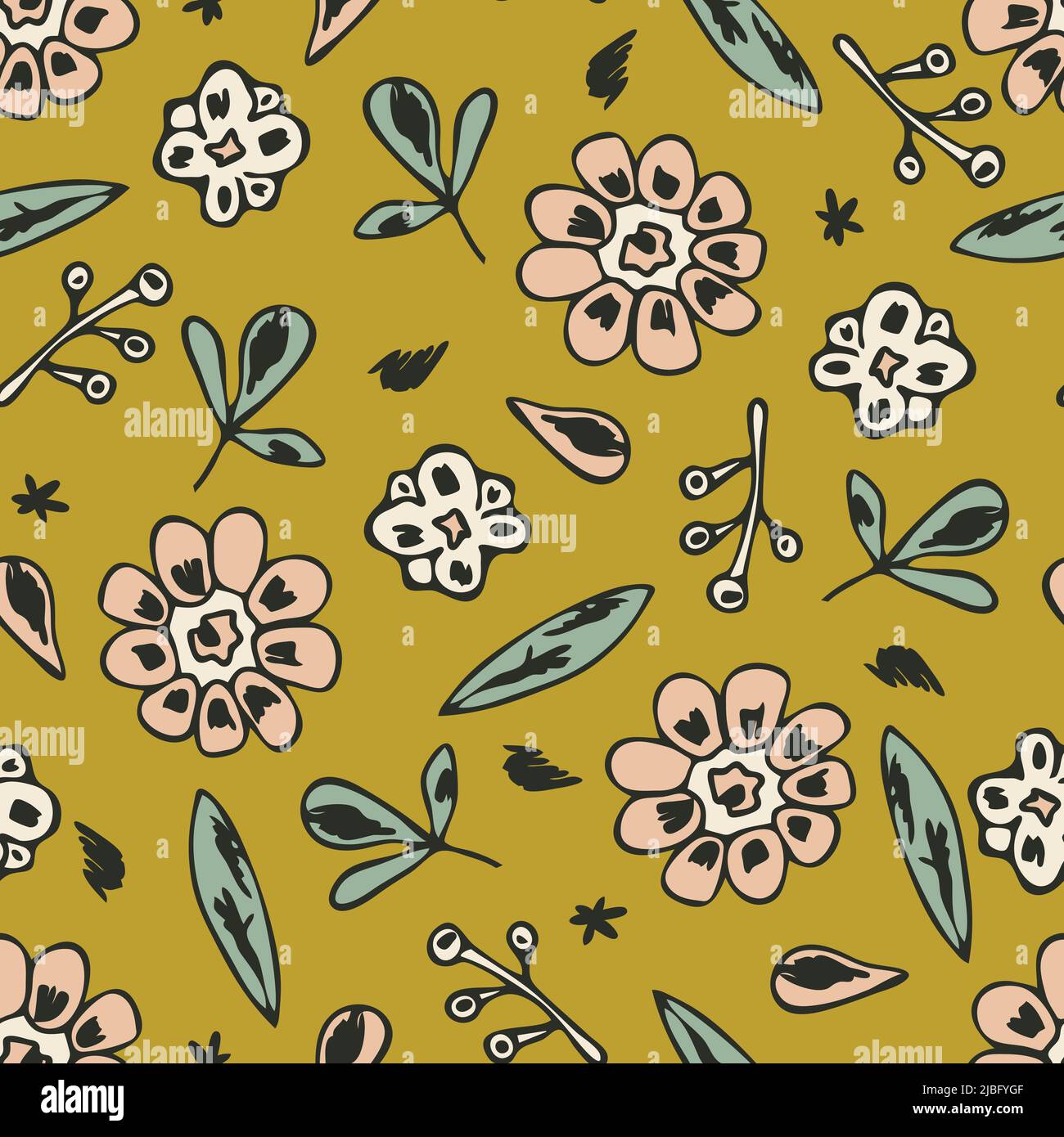 Seamless vector pattern with hand drawn flowers on lime green ...