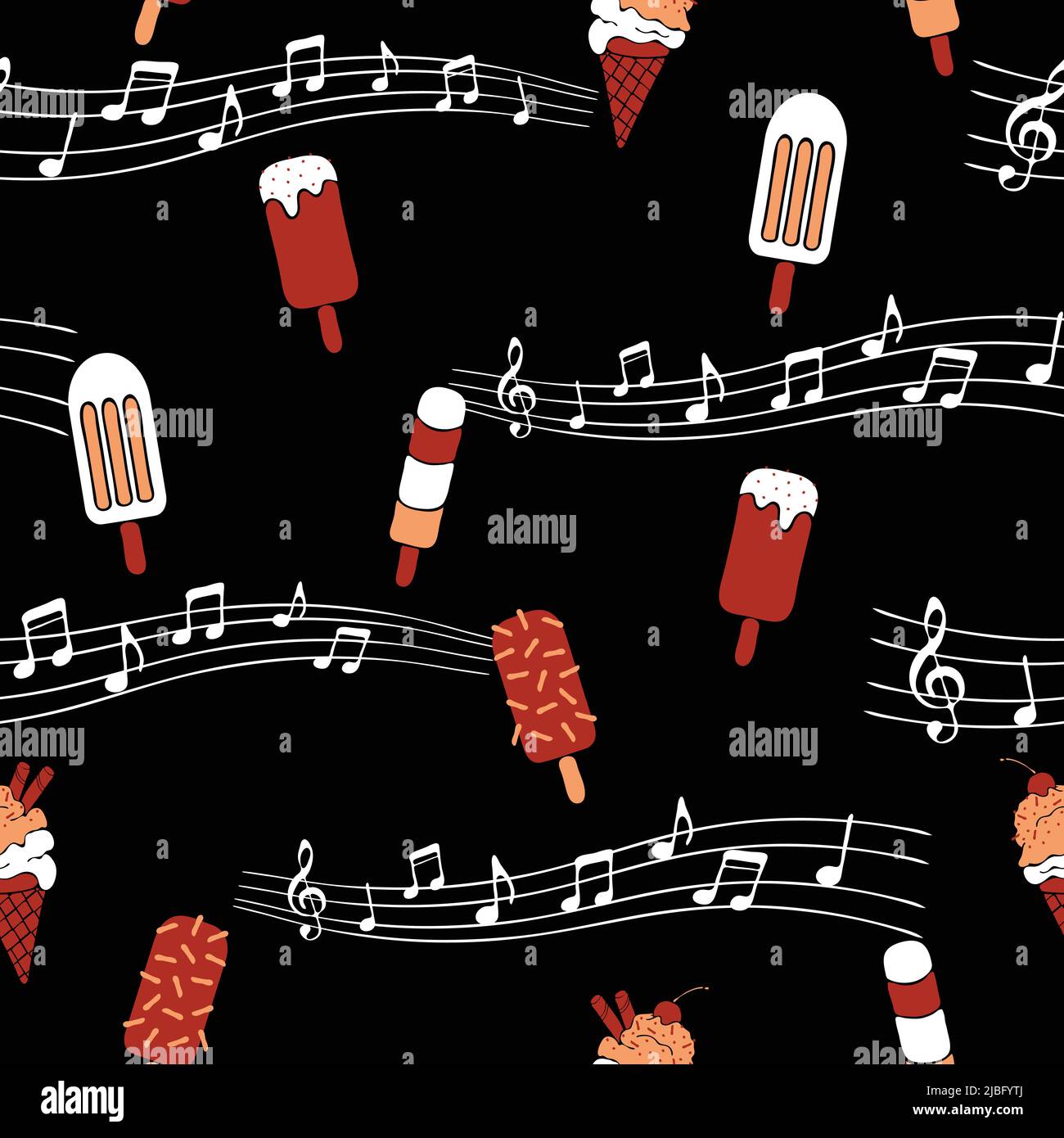 Seamless vector pattern with ice creams and music notes on black ...