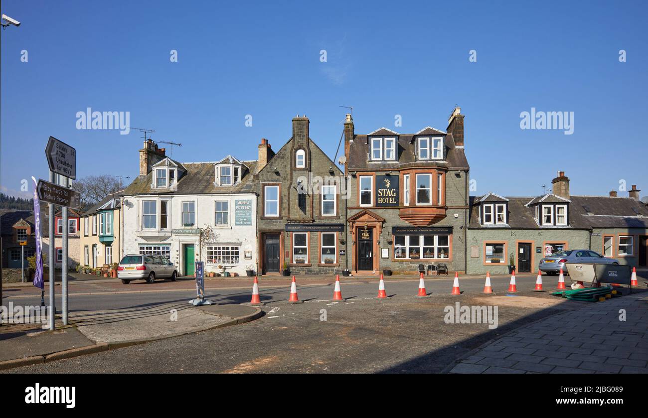 The Stag Hotel and the Moffat Pottery in the bright, morning sunshine ...
