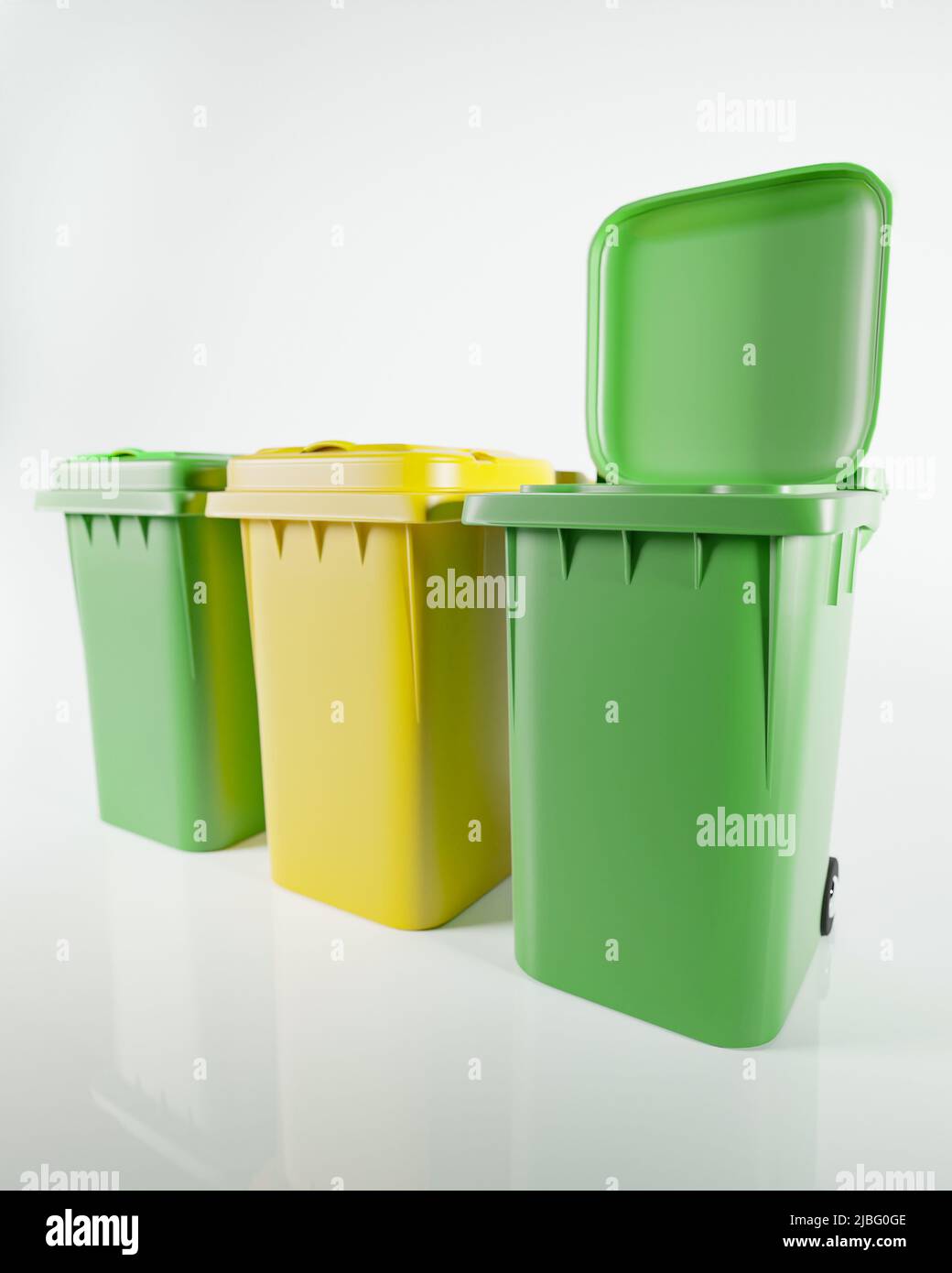 Garbage bins with open lid on isolated white background, 3d render ...