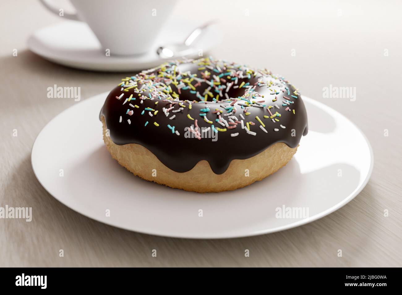 Chocolate doughnut on a plate, close-up view with shallow depth of ...