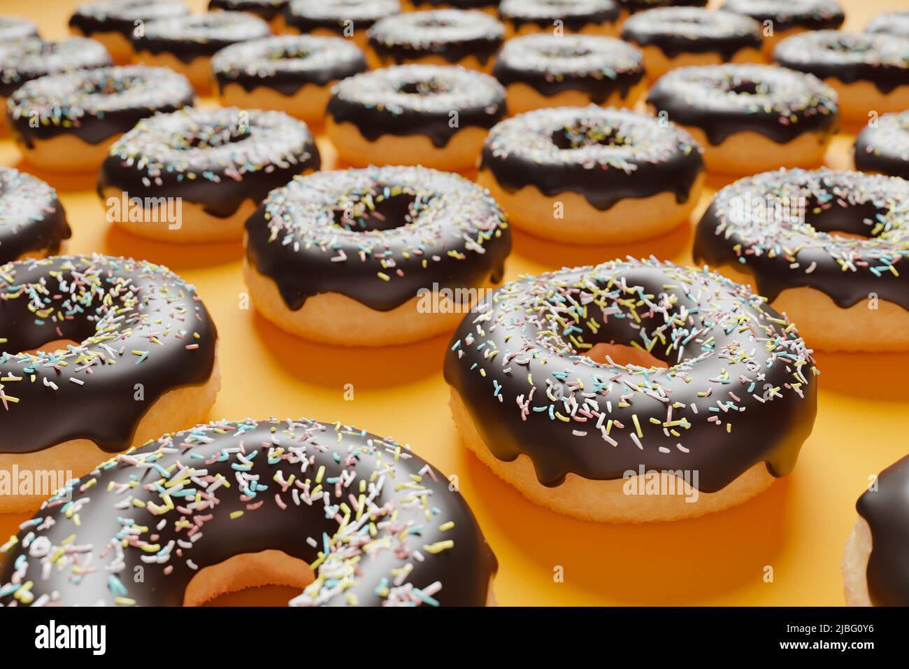 Chocolate donuts on vibrant orange background, close-up, 3d rendered ...