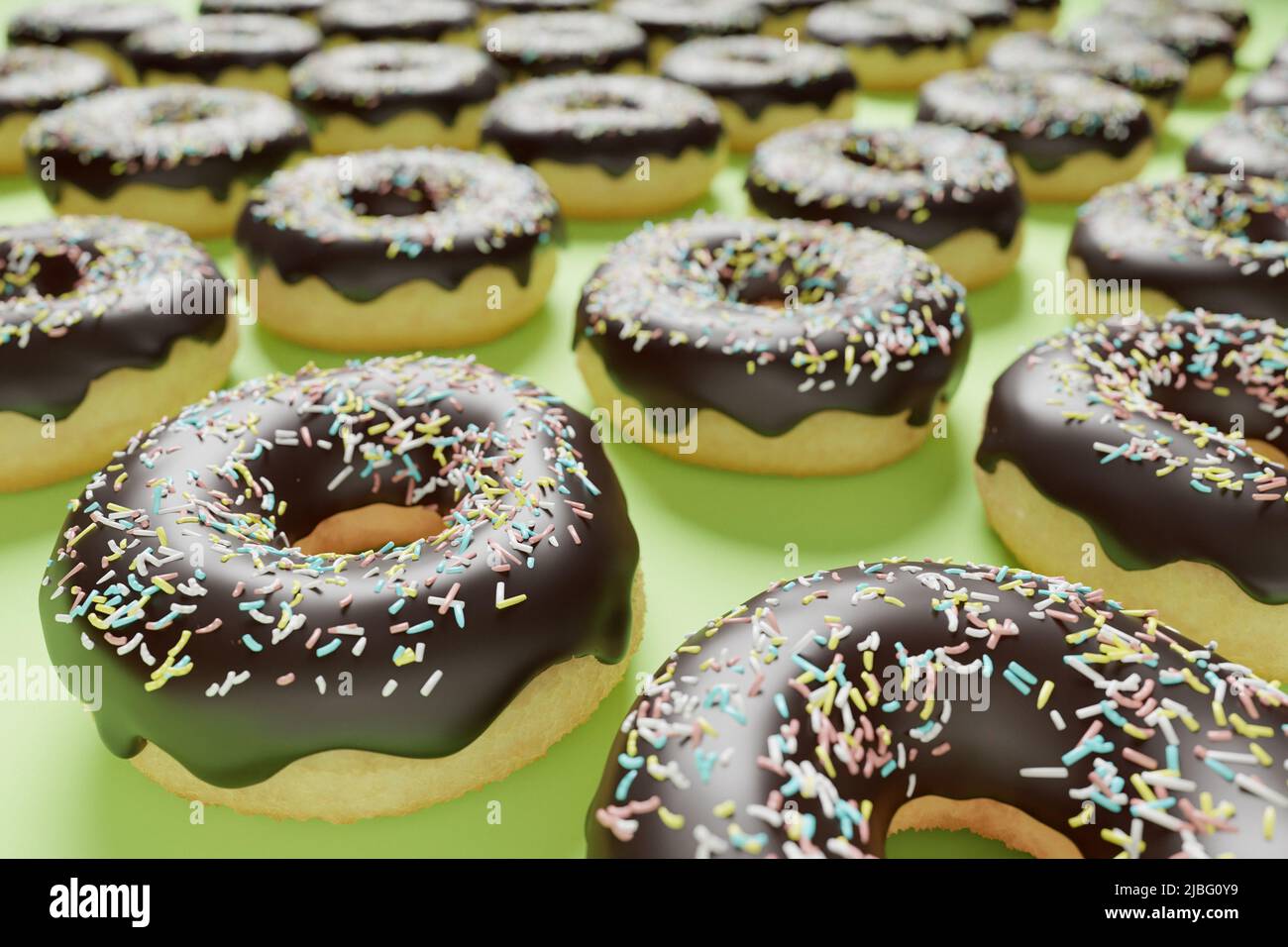 Chocolate donuts on lime green background, close-up, 3d rendered ...