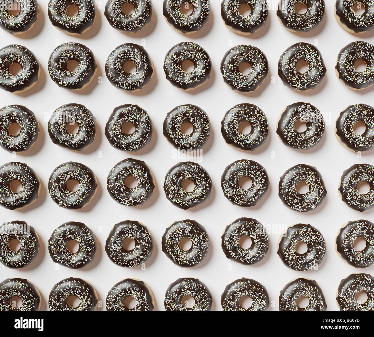 Chocolate donuts on isolated white background, 3d rendered pattern ...