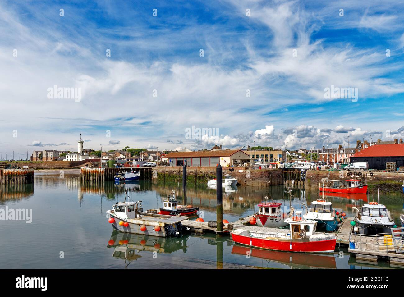 ARBROATH ANGUS SCOTLAND VIEW OVER THE OUTER HARBOUR TO THE SIGNAL TOWER ...