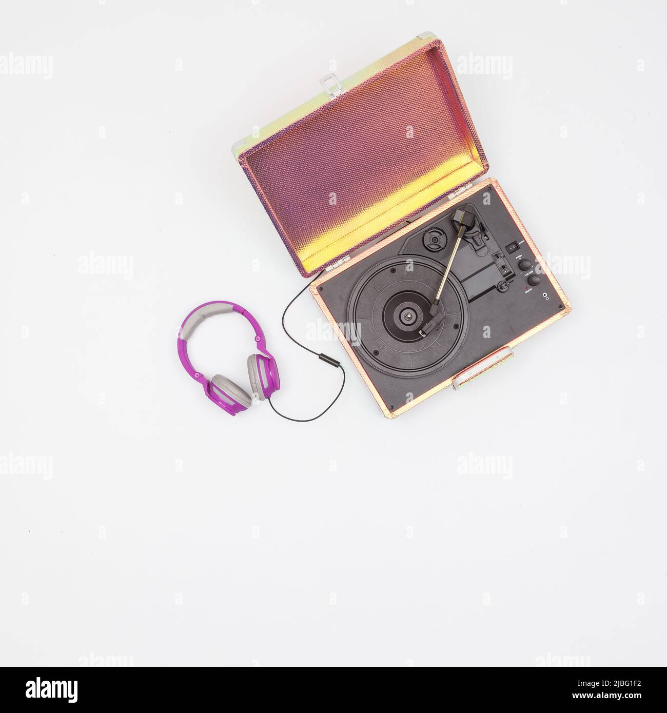 Old vinyl turntable player with headphones; Photo on a white background ...