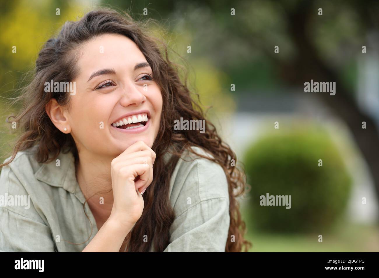 Well being woman female young looking at think thinking wonder ...
