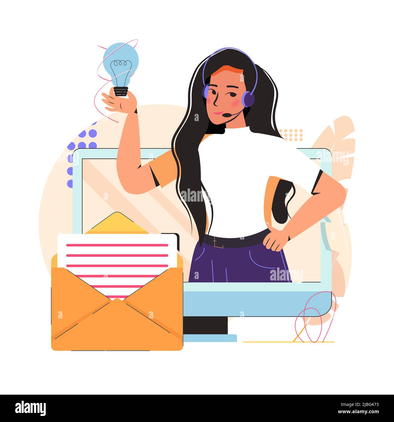 Customer support concept. Woman with headphones and microphone with ... Customer support concept. Woman with headphones and microphone with ...