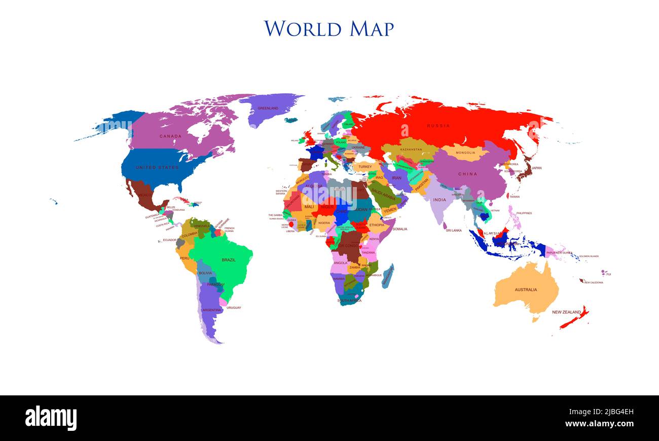 Colorful detailed world map with all countries and names illustration ...