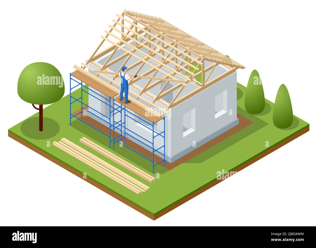 Isometric roofing construction. Concept of residential building under ...