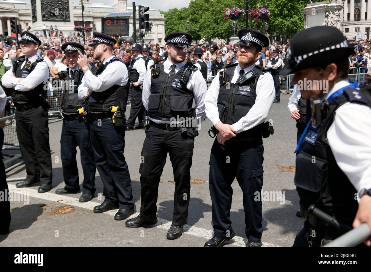 Close-up of a group of police officers on duty in Trafalgar Square, at ...