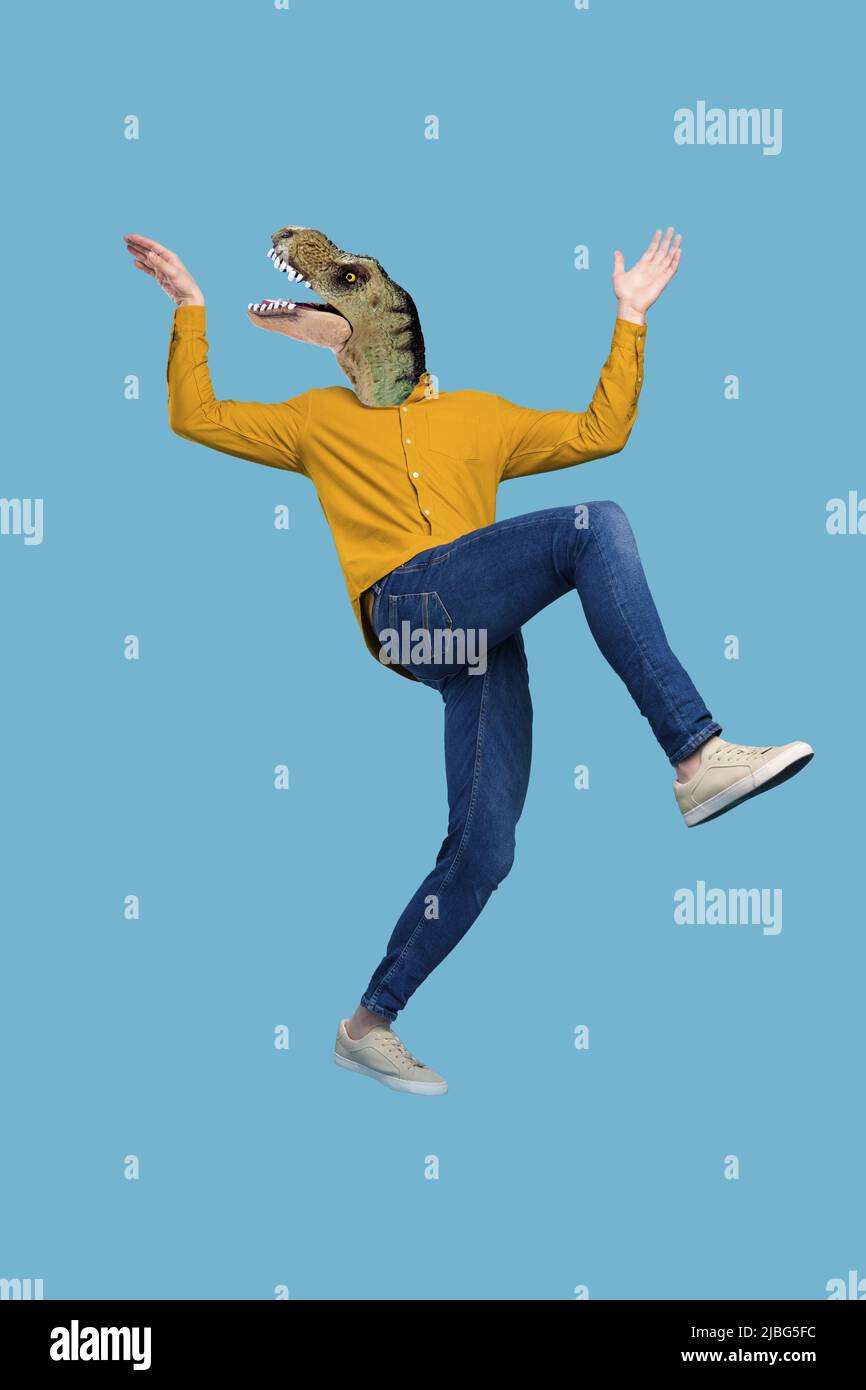 Creative mockup poster of active guy dino face feel crazy panic moving ...