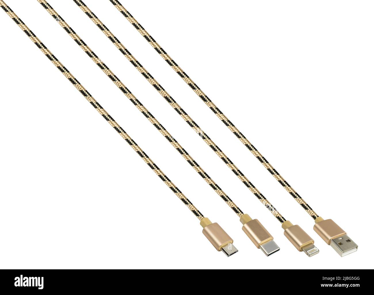 Cable and connector for USB, Type-C, Micro USB, Lightning, on a white ...