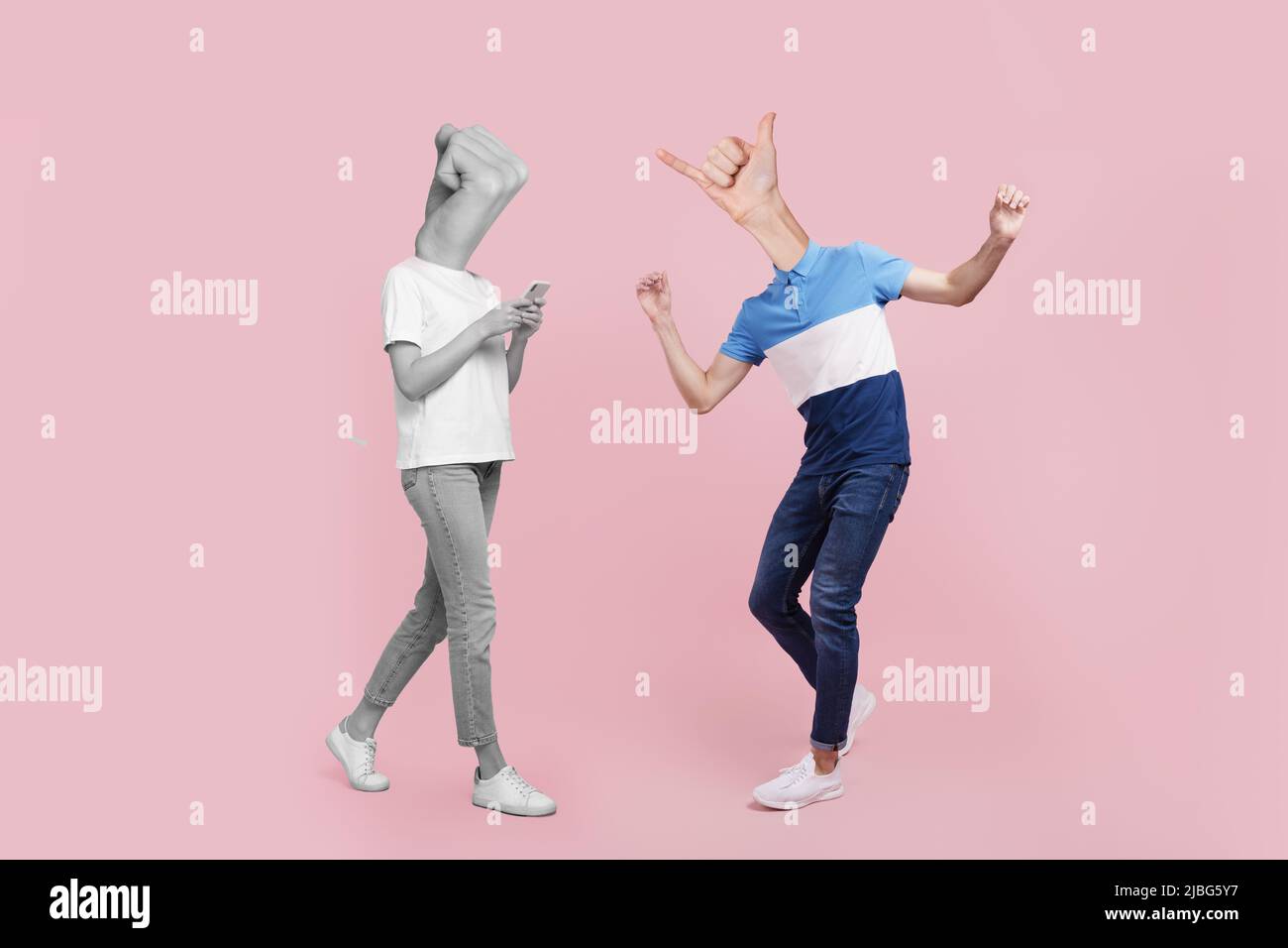 Creative collage picture of two people lady black white colors walk use ...