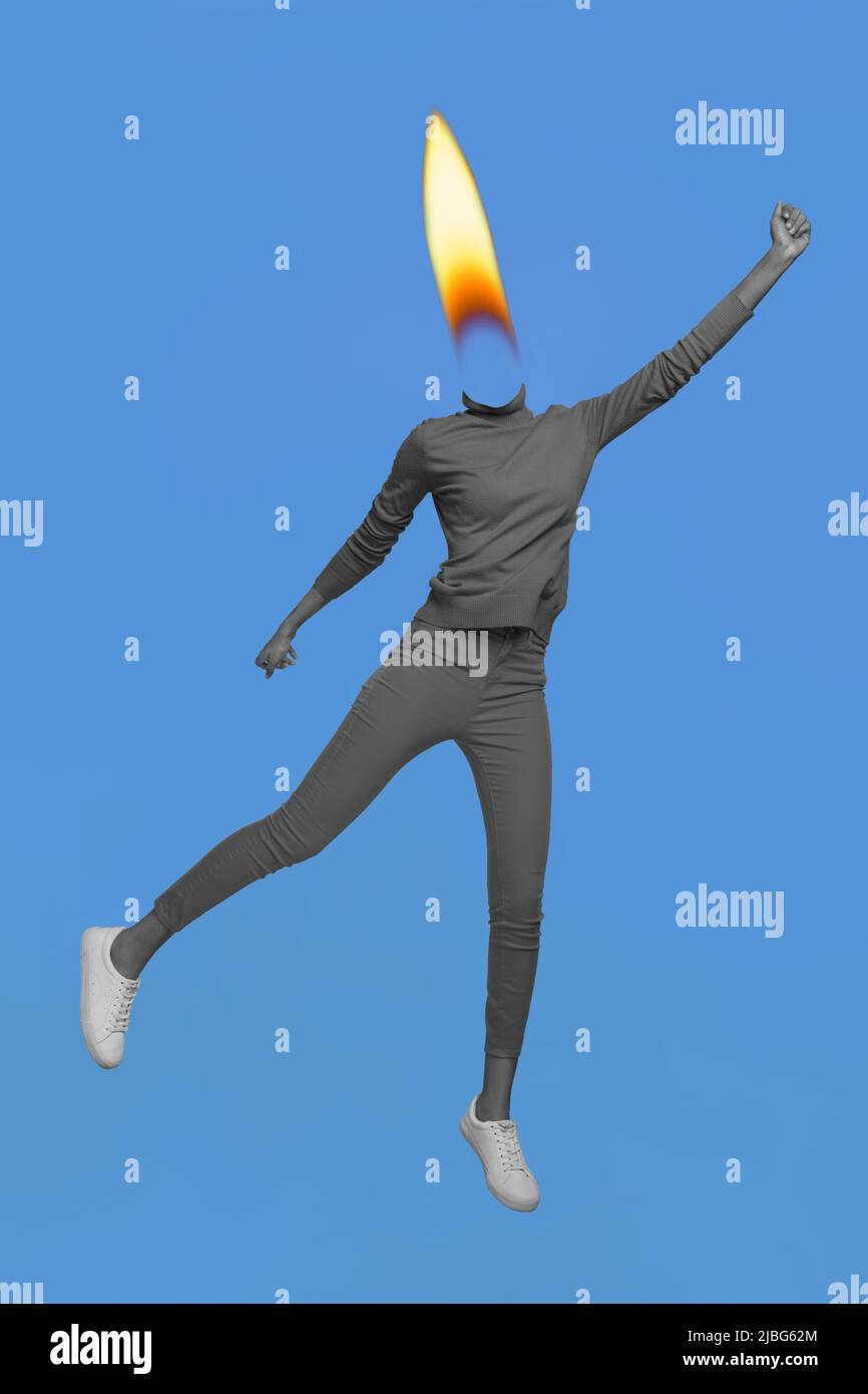 Vertical photo collage of flying woman with burning head becoming fenix ...