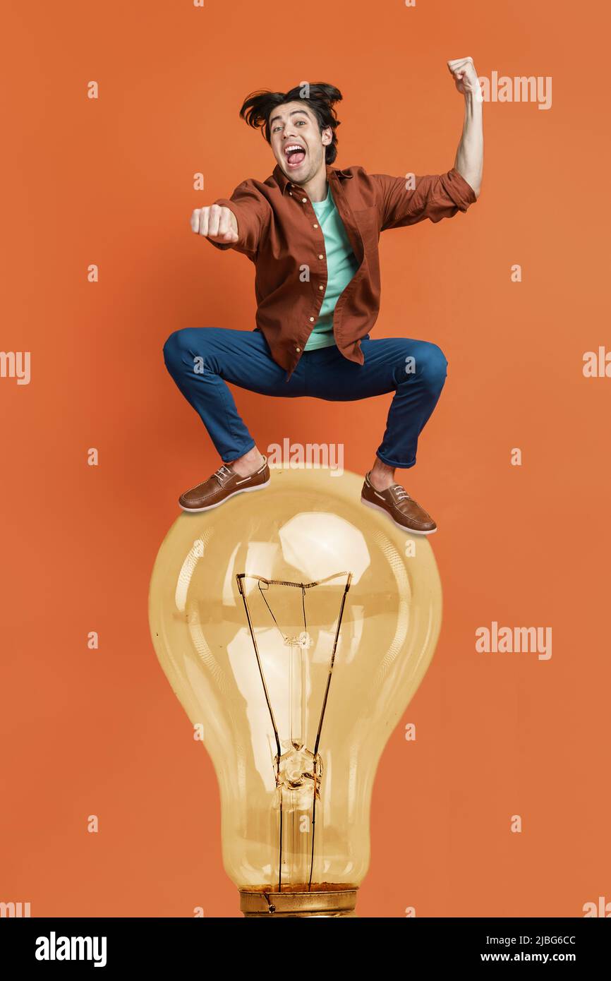Creative template poster of guy stand huge light bulb imagine ride wild ...