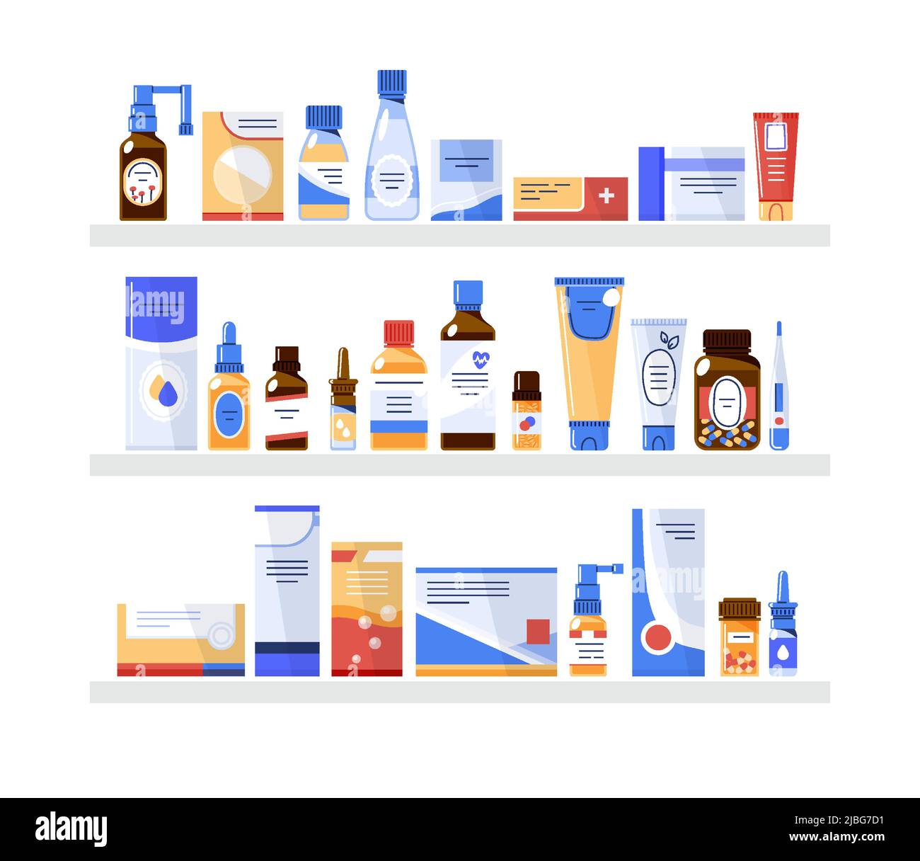 Different medicine products in the pharmacy store on three shelves.Flat ...