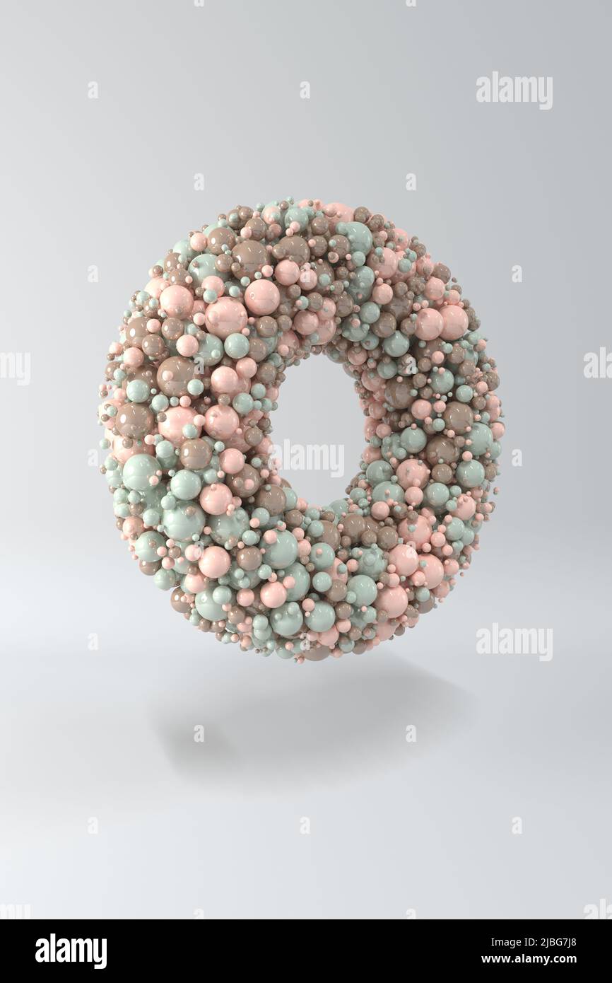 Abstract ring torus of glossy glass and plastic spheres, beige color 3D ...