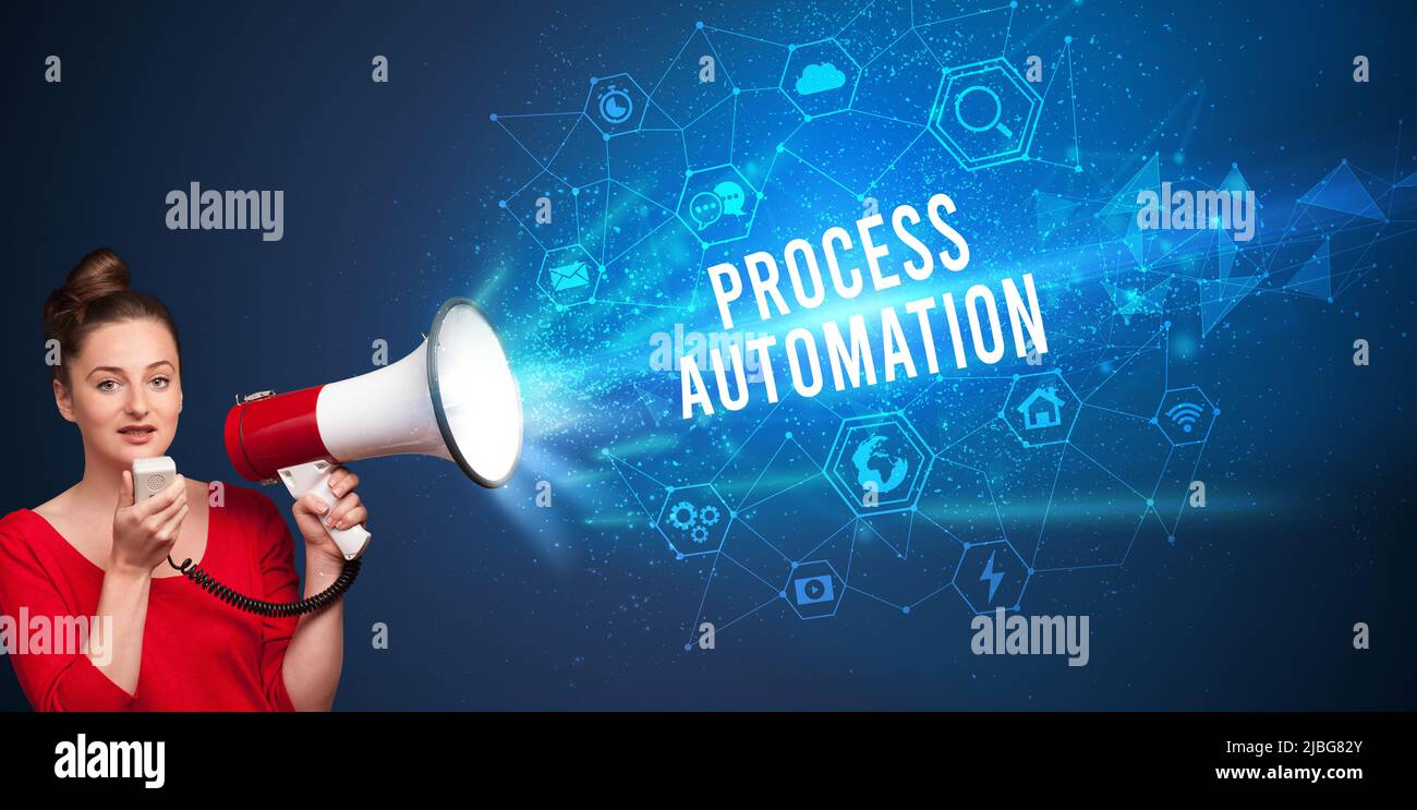 Young woman shouting in megaphone, technology announcement concept ...