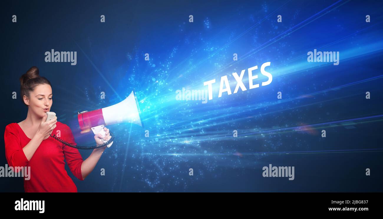 Young person shouting in loudspeaker Stock Photo - Alamy