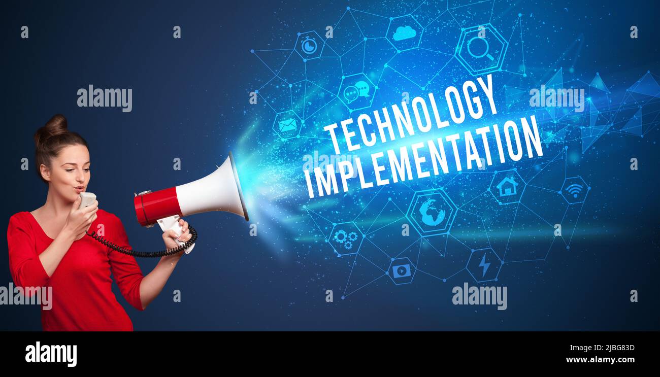 Young woman shouting in megaphone, technology announcement concept ...